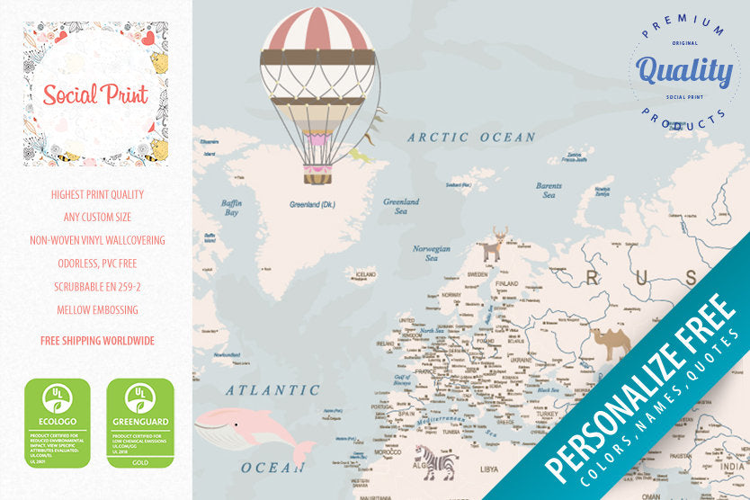 Girls Nursery World Map Wallpaper with Hot Air Balloons Animals, Plane ...